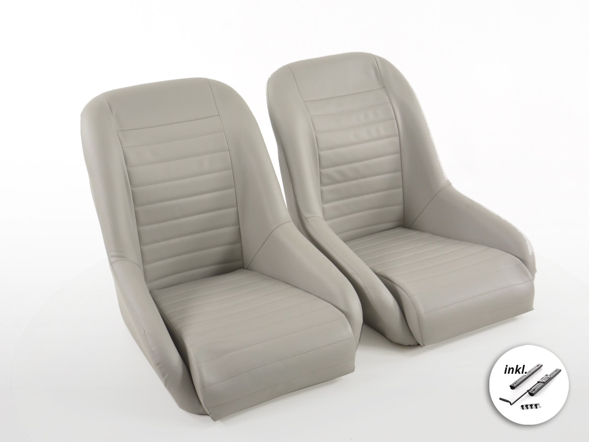 Retro Look Oldtimer Style Car Bucket Seats Faux Leather Grey with Rails ...